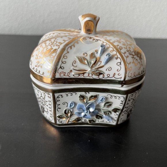Accents | Vintage Porcelain Trinket Box Gold Trim Applied Blue Floral ...